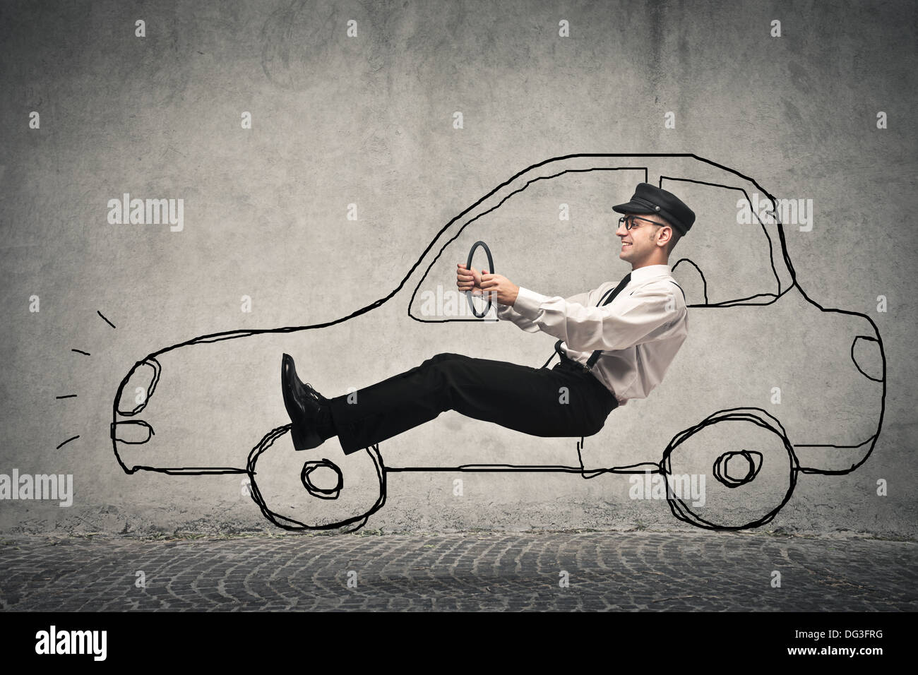 Driver driving a car drawn on a dark white wall Stock Photo - Alamy
