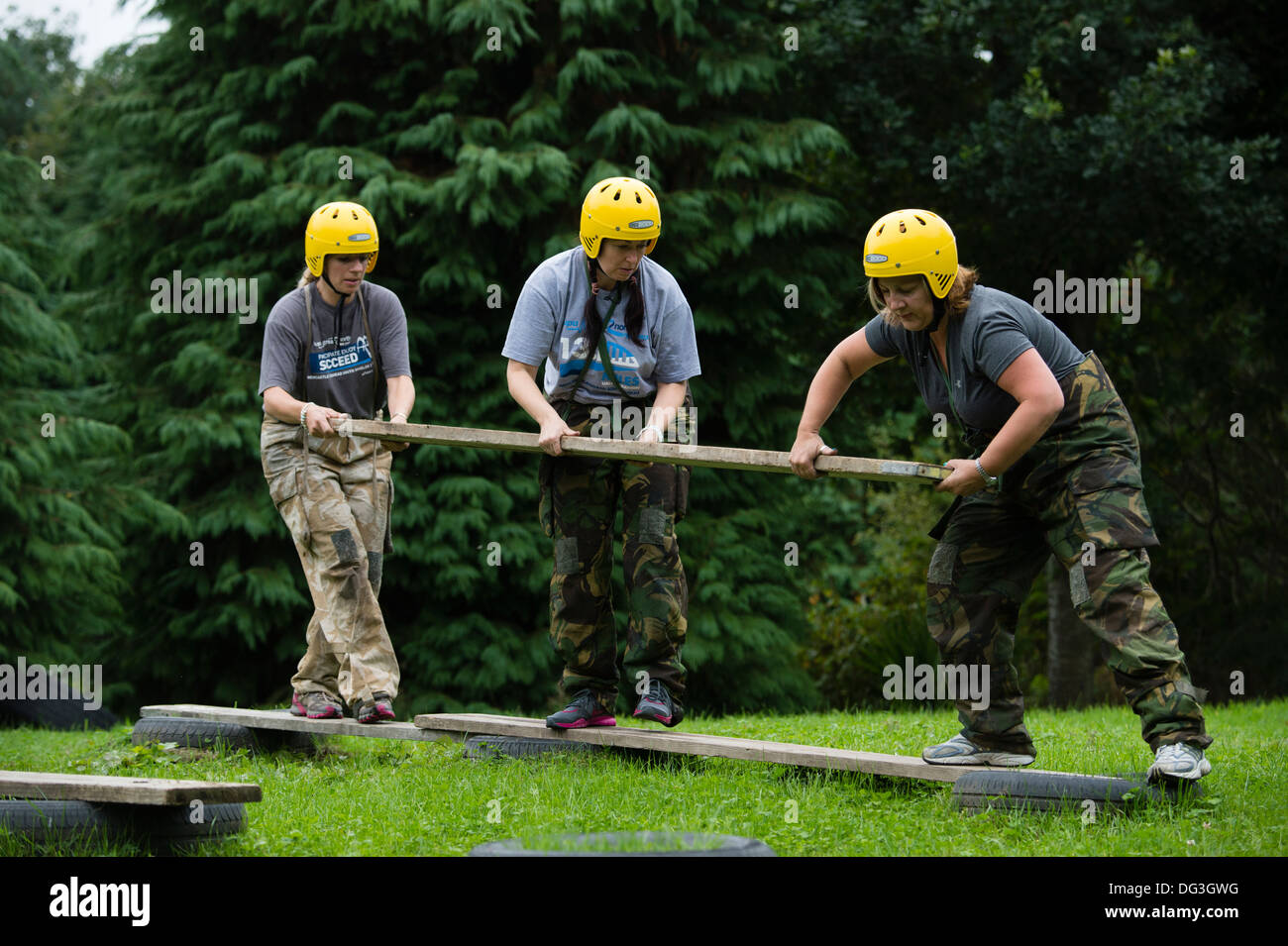 A group of adult women on a team building problem solving outdoor ...