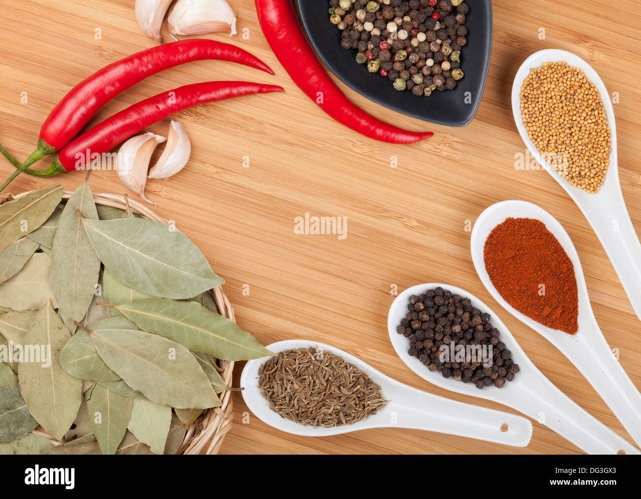 Colorful herbs and spices selection. Aromatic ingredients on cutting ...