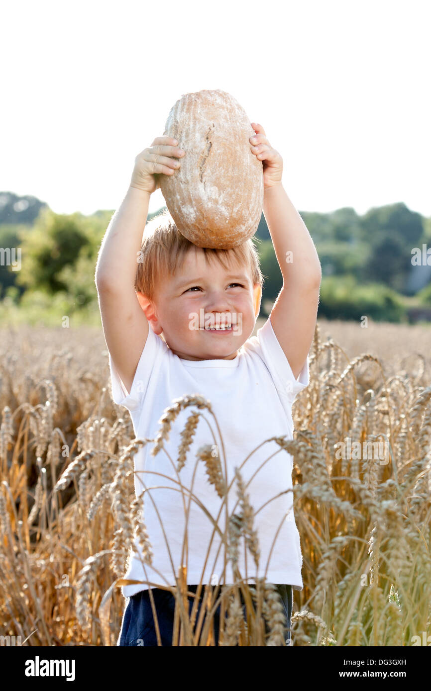 little boy with the bread over your head in the mature grain Stock ...