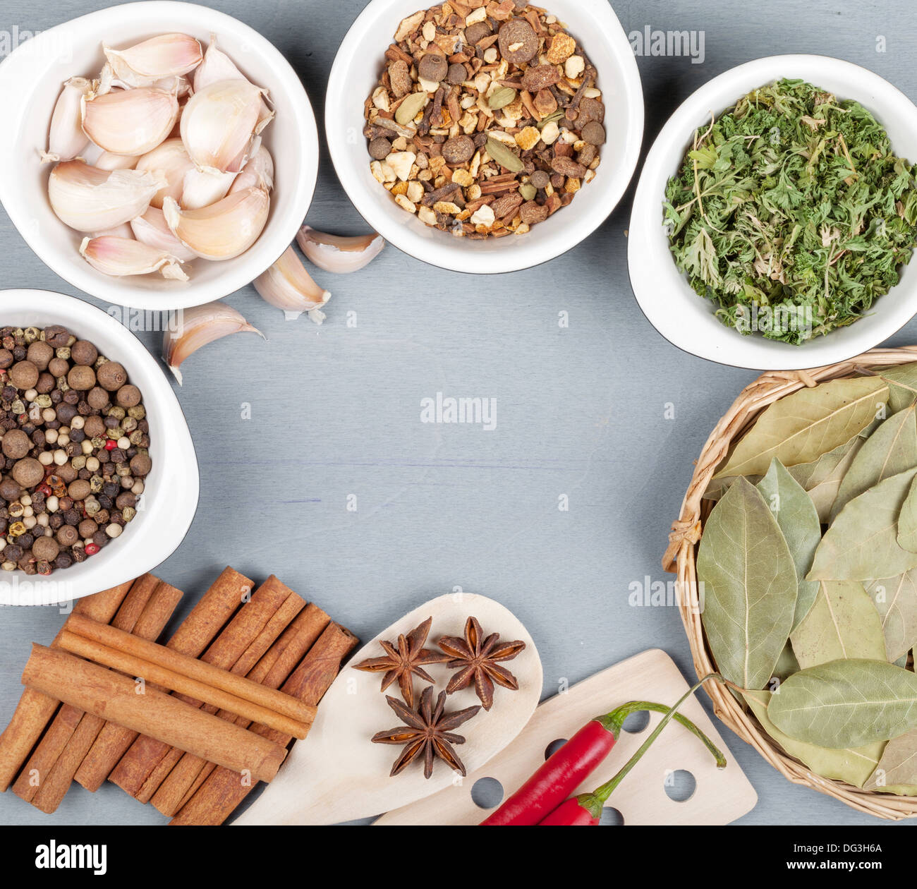 Herbs and spices on wood table background with copyspace Stock Photo ...