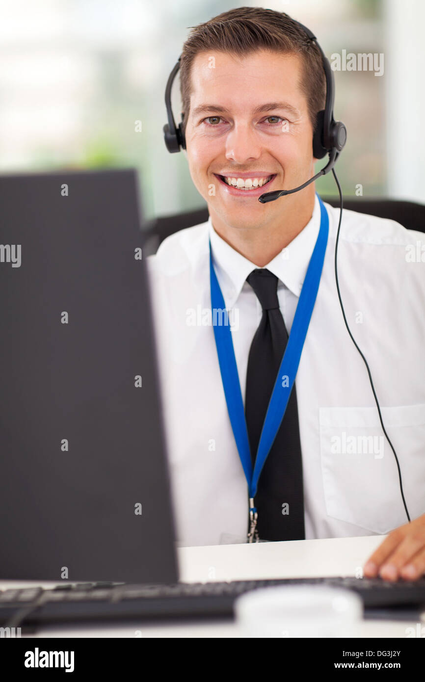 happy technical call center operator with headphones Stock Photo - Alamy
