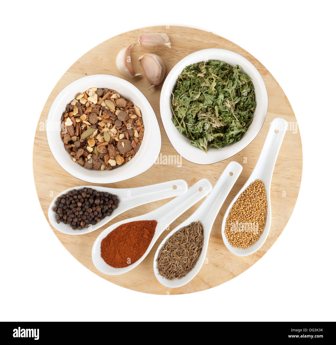 Colorful herbs and spices selection. Aromatic ingredients on cutting ...