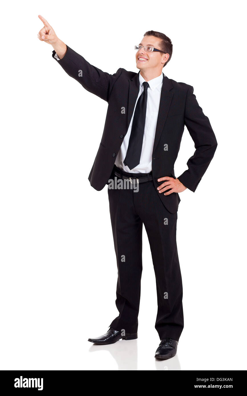 portrait of corporate worker pointing up isolated on white background ...