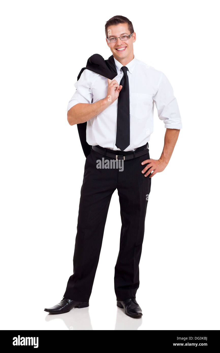 happy business man holding jacket on shoulder isolated on white ...