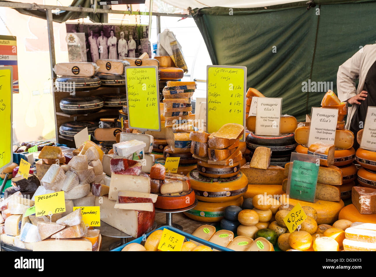 Traditional local cheeses for sale in a Dutch market stall in Amsterdam ...