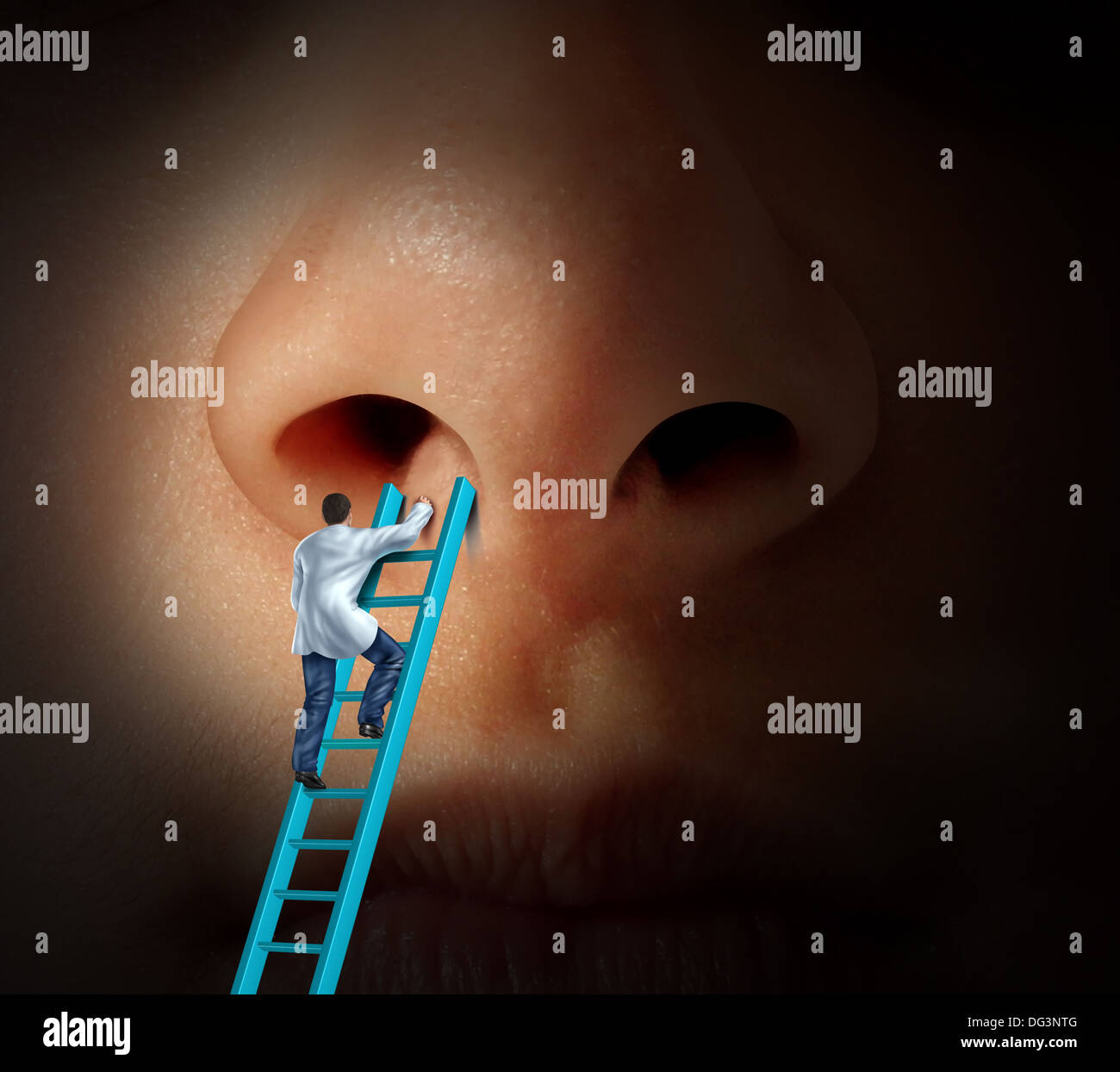 Medical nose care concept with a doctor climbing a ladder to examin if ...