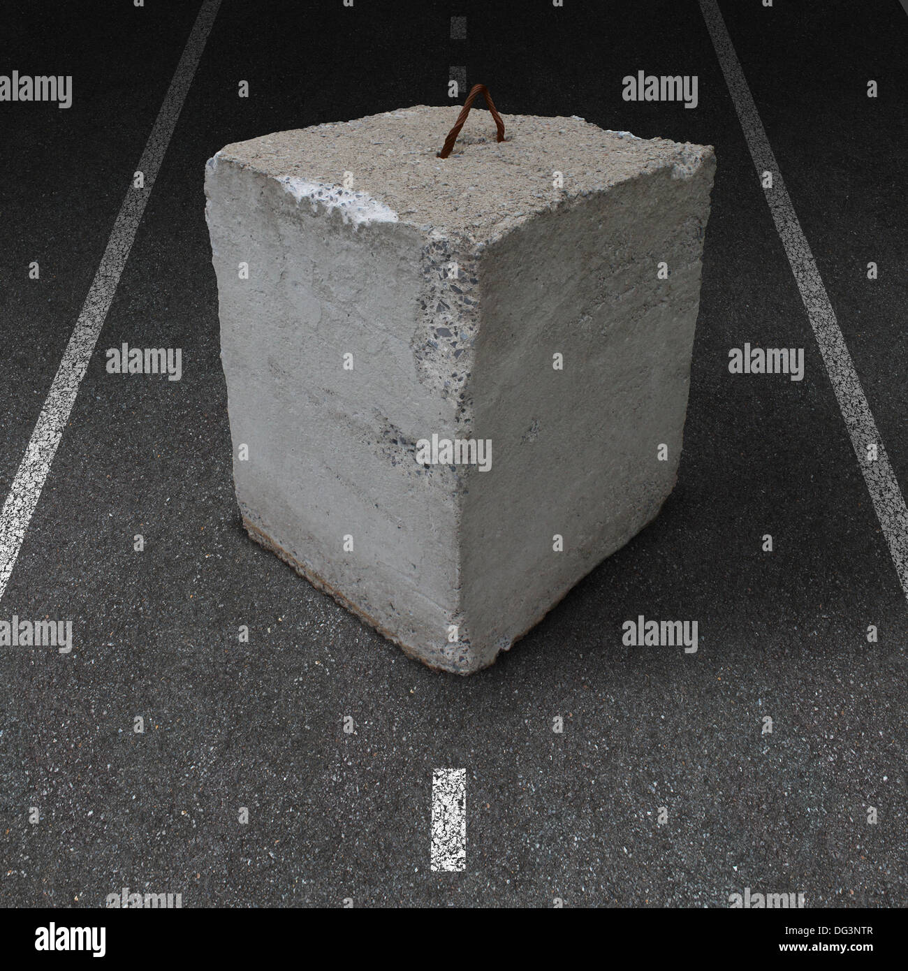 Roadblock obstacle and barrier business concept with a huge cement or ...