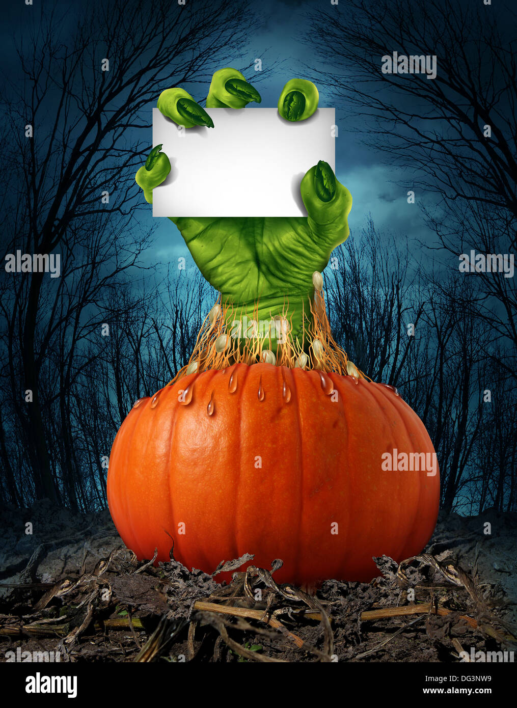 Zombie pumpkin sign with a green hand holding a blank sign card as a ...