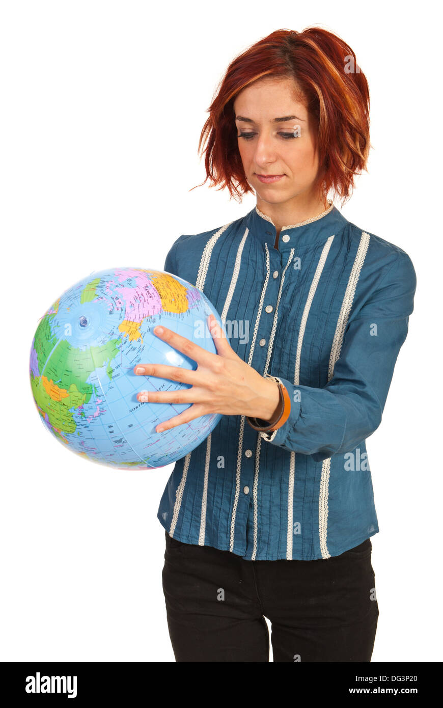 Woman looking on a world globe isolated on white background Stock Photo ...