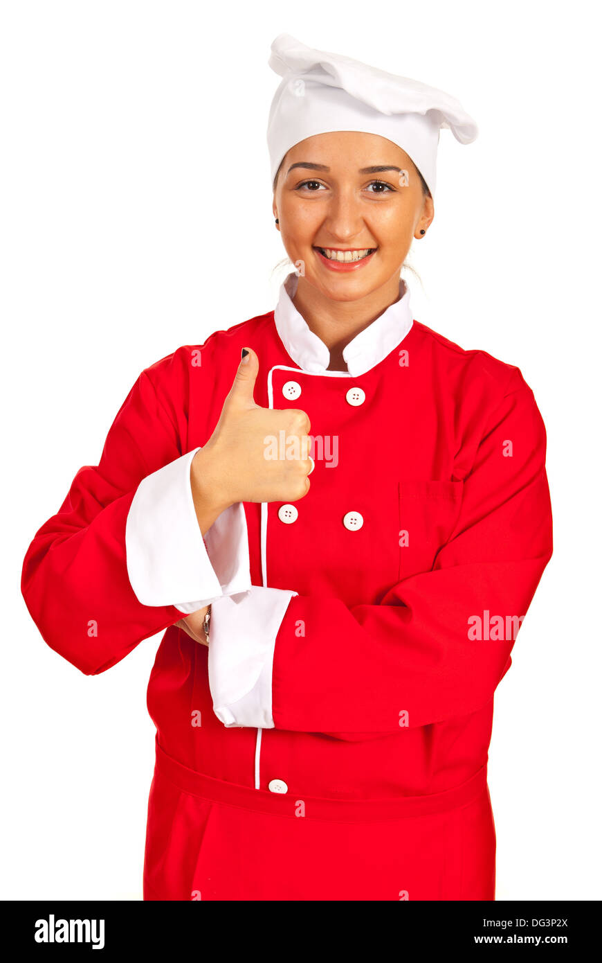 Chef woman giving thumb up isolated on white background Stock Photo - Alamy
