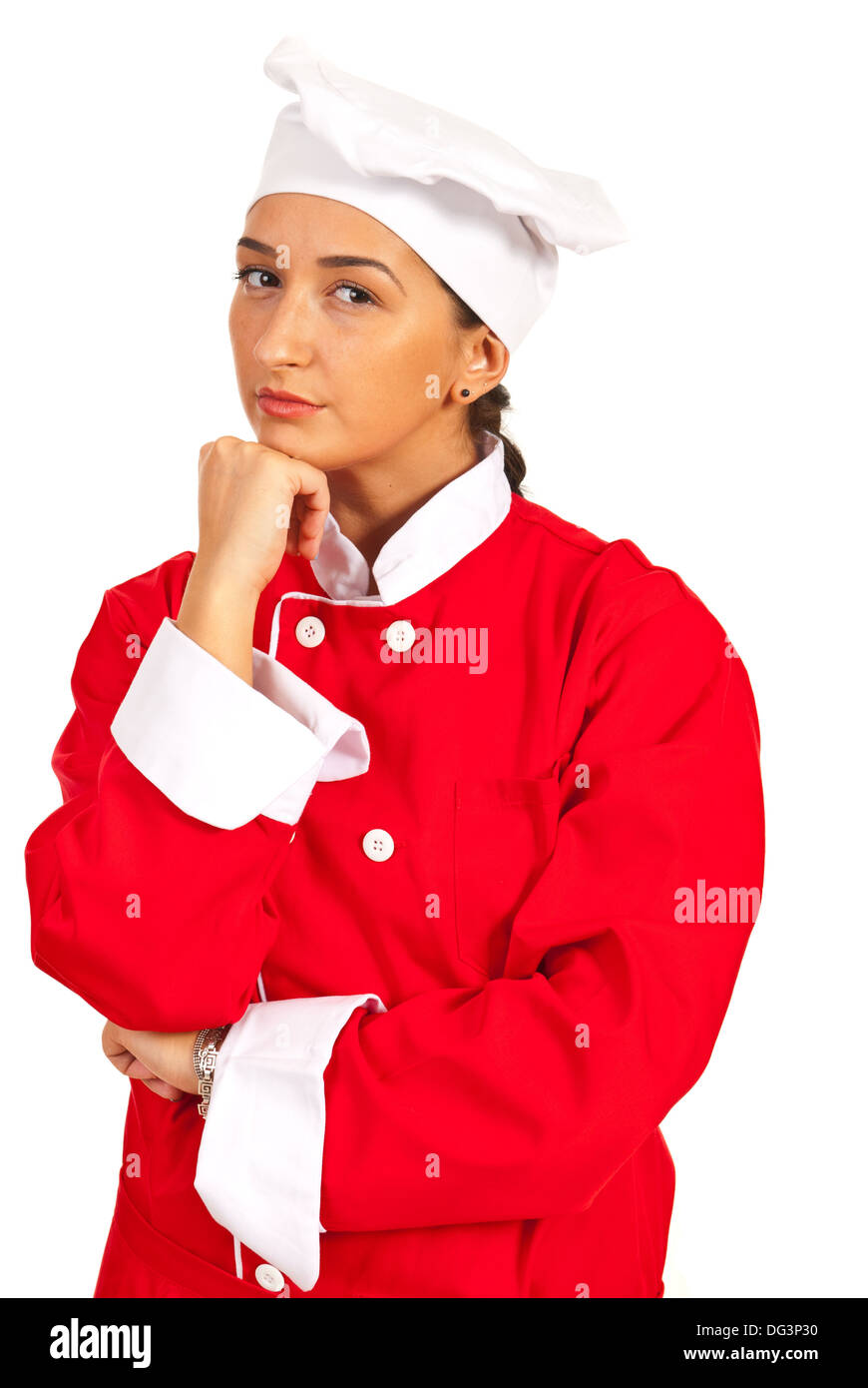 Thinking chef woman holding hand to chin isolated on white background ...