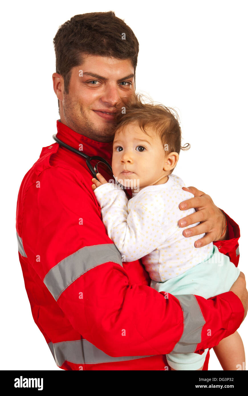 Happy paramedic holding baby boy isolated on white background Stock ...