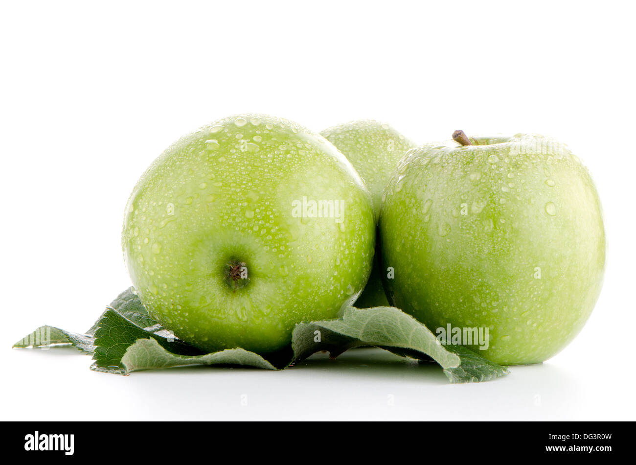 Three fresh green apples on white background Stock Photo - Alamy
