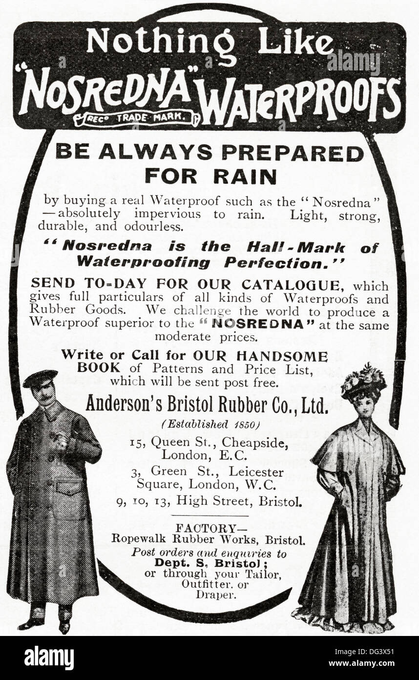Original 1900s advertisement advertising NOSREDNA WATERPROOFS. Magazine ...