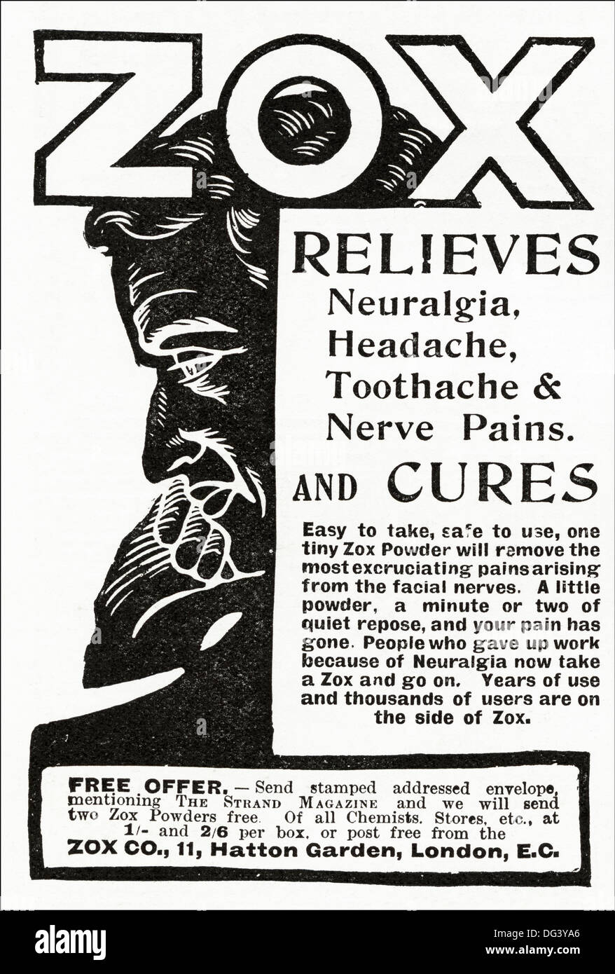 Original 1900s advertisement advertising ZOX painkiller. Magazine ...