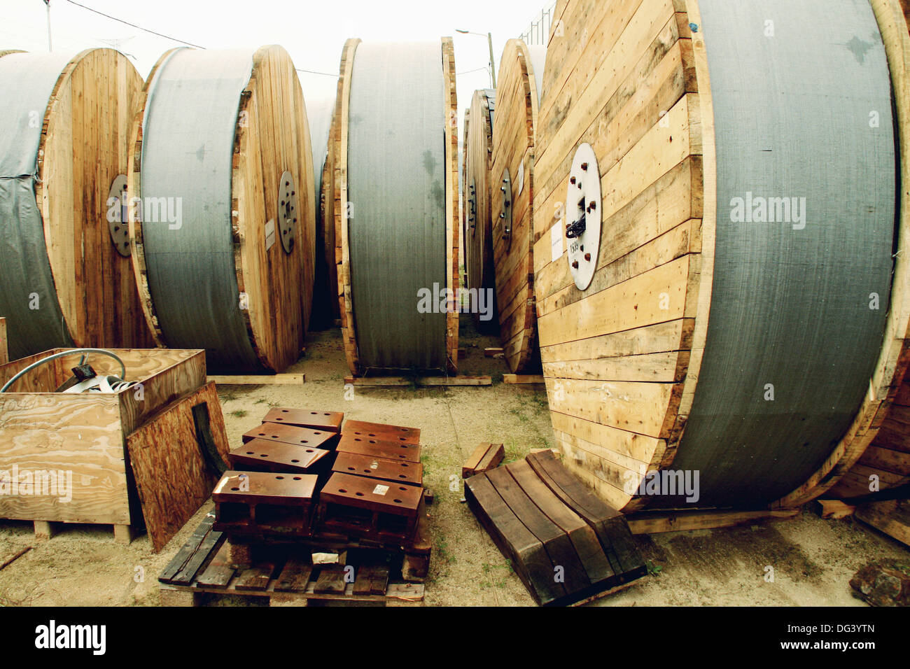 Wooden cable reels hi-res stock photography and images - Alamy