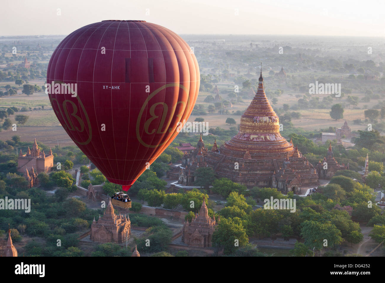 Dawn over ancient temples from hot air balloon, Bagan (Pagan), Central ...