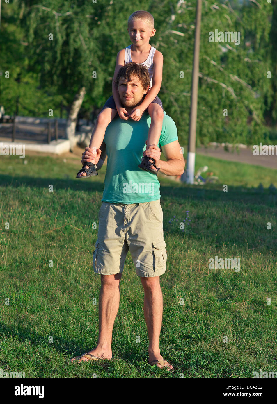 Family Father Man and Son Boy Child playing Outdoor Happiness emotion ...