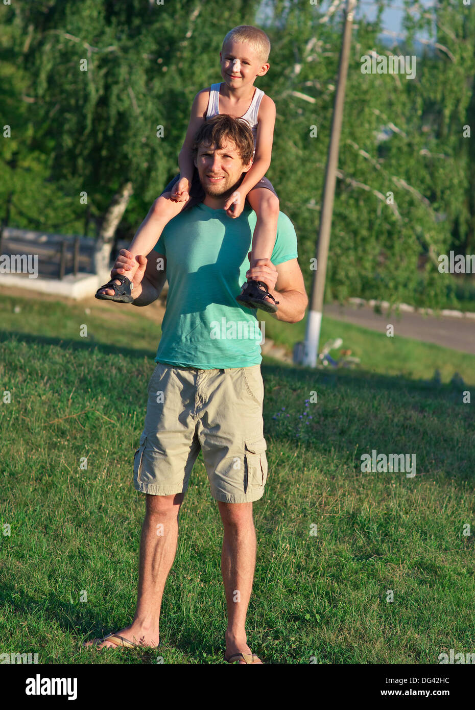 Family Father Man and Son Boy Child playing Outdoor Happiness emotion ...