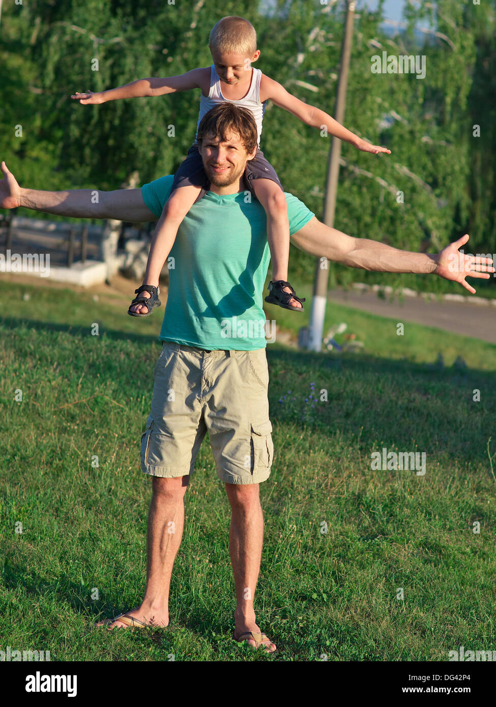 Family Father Man and Son Boy Child playing Outdoor Happiness emotion ...