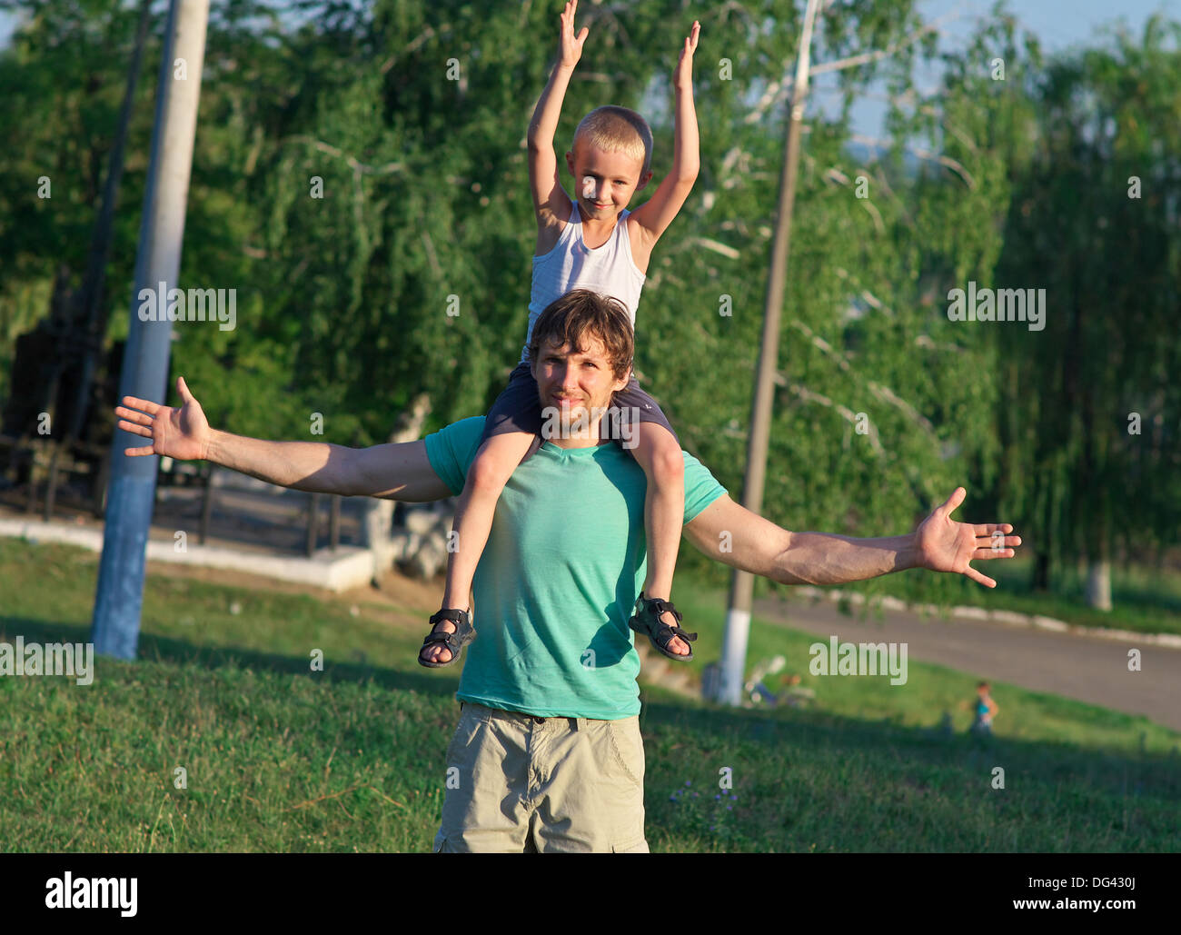 Family Father Man and Son Boy Child playing Outdoor Happiness emotion ...