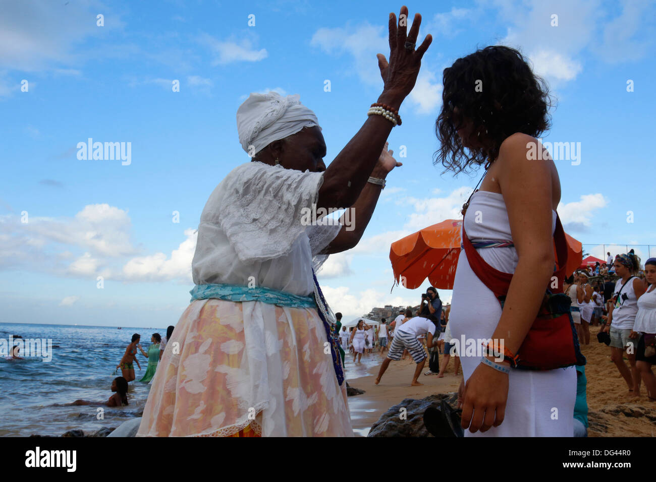 Candomble priestess performing a ritual during Lemanja festival in Rio ...