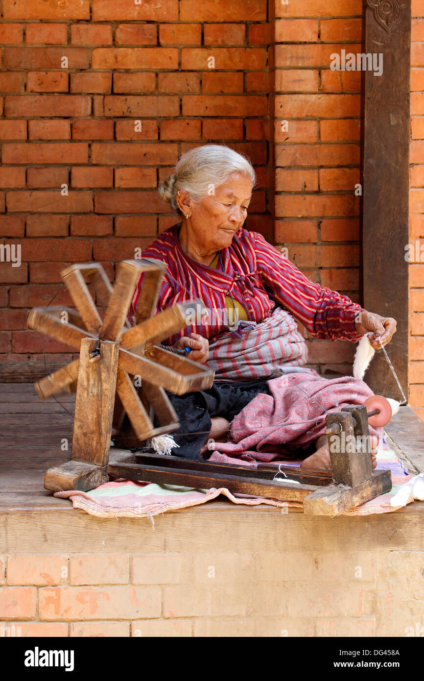 Old woman spinning wool, Bhaktapur, Nepal, Asia Stock Photo - Alamy