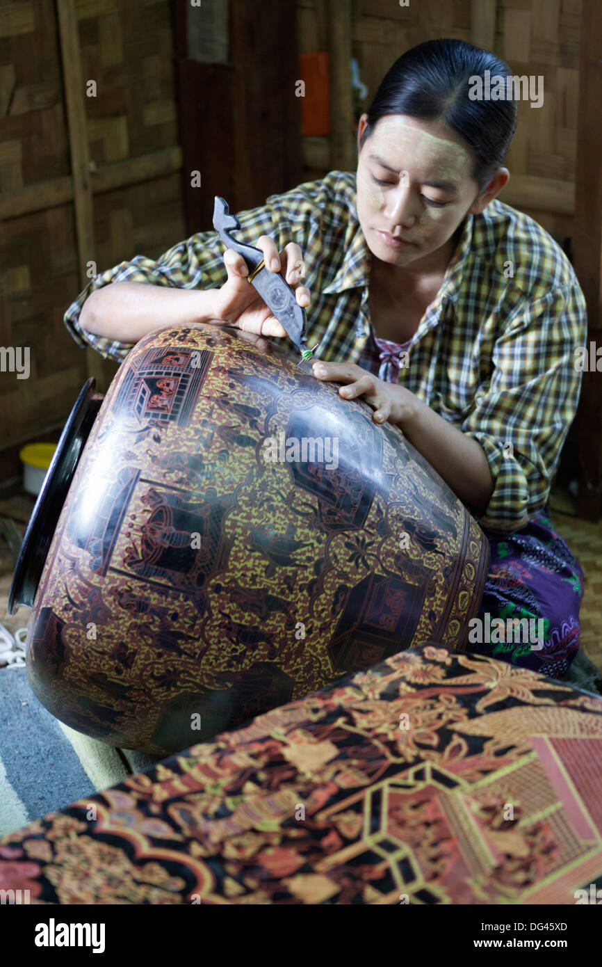 Engraving traditional lacquerware, Bagan, Central Myanmar, Myanmar ...