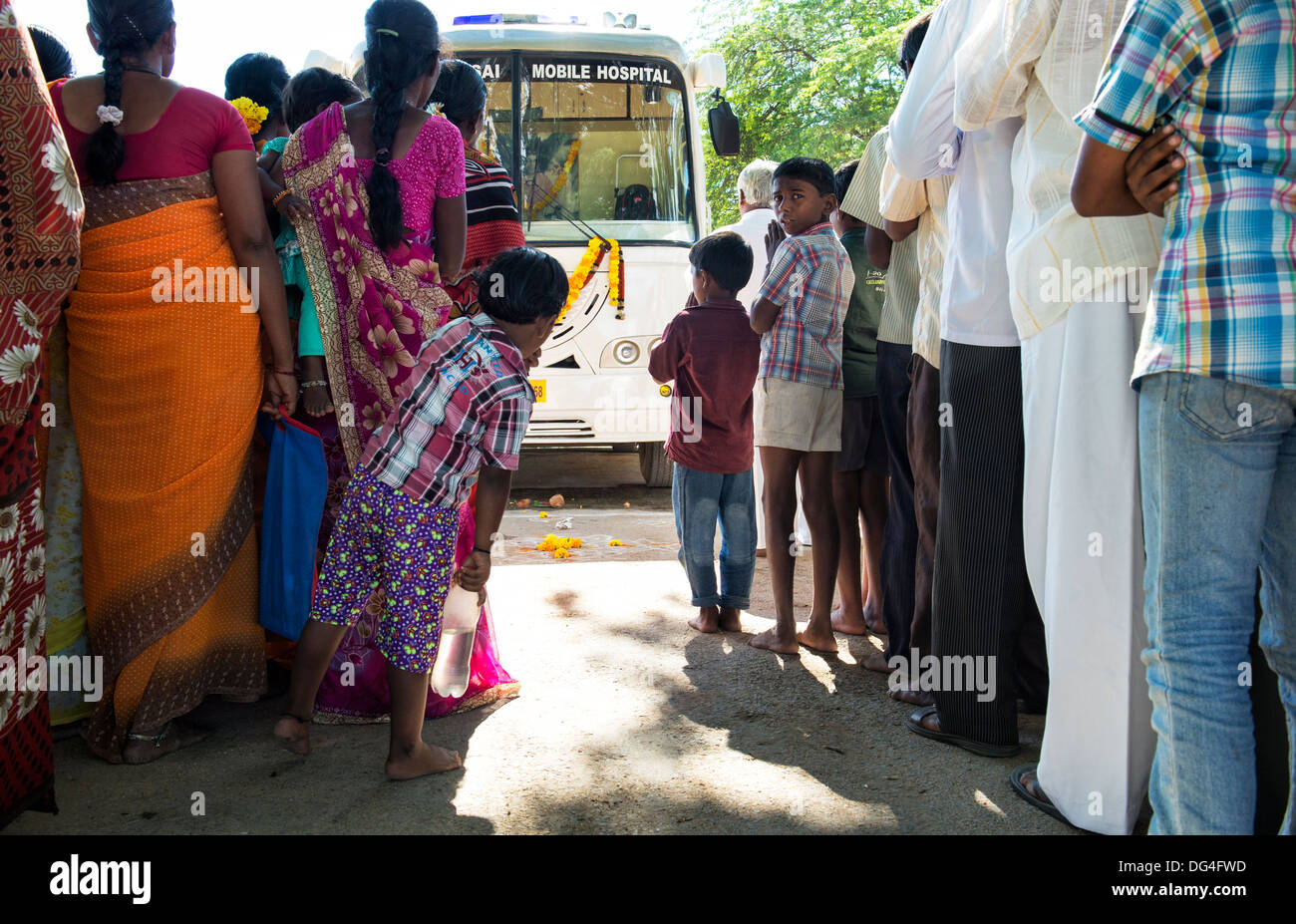 Sri Sathya Sai Baba mobile outreach hospital service clinic bus at a ...