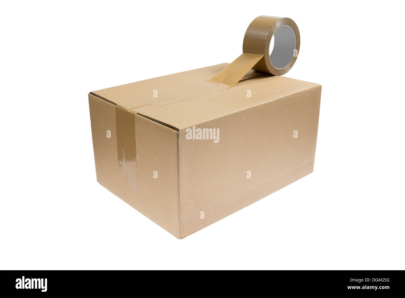 A parcel with a roll of duct tape closing the parcel. isolated on white ...