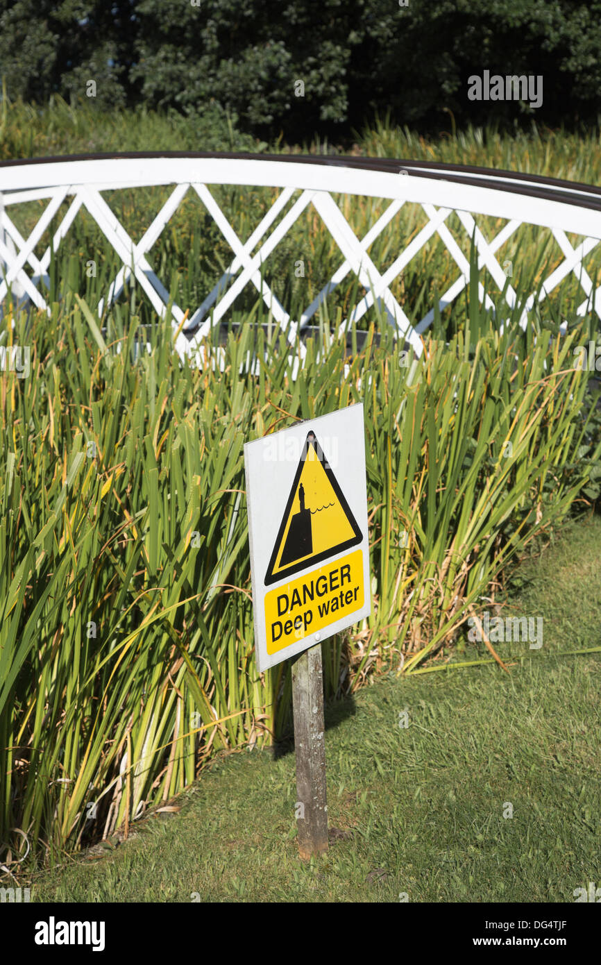 Triangular yellow and black warning sign: 'Danger Deep Water' with ...