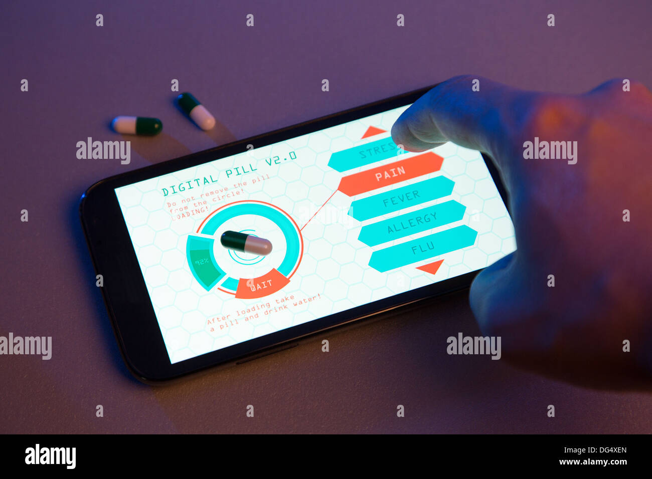 Hand choosing pill type on high-tech device, futuristic medicine ...
