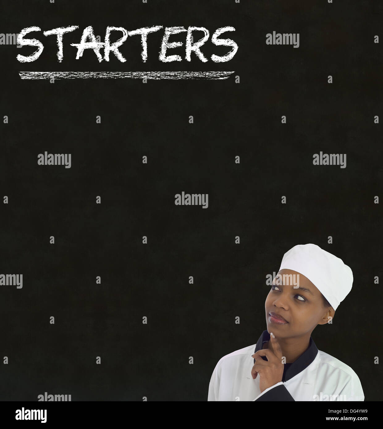 Chef with chalk starters sign written on blackboard background Stock ...
