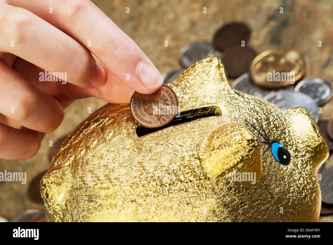 Horizontal photo of female fingers putting single cent into piggy bank ...