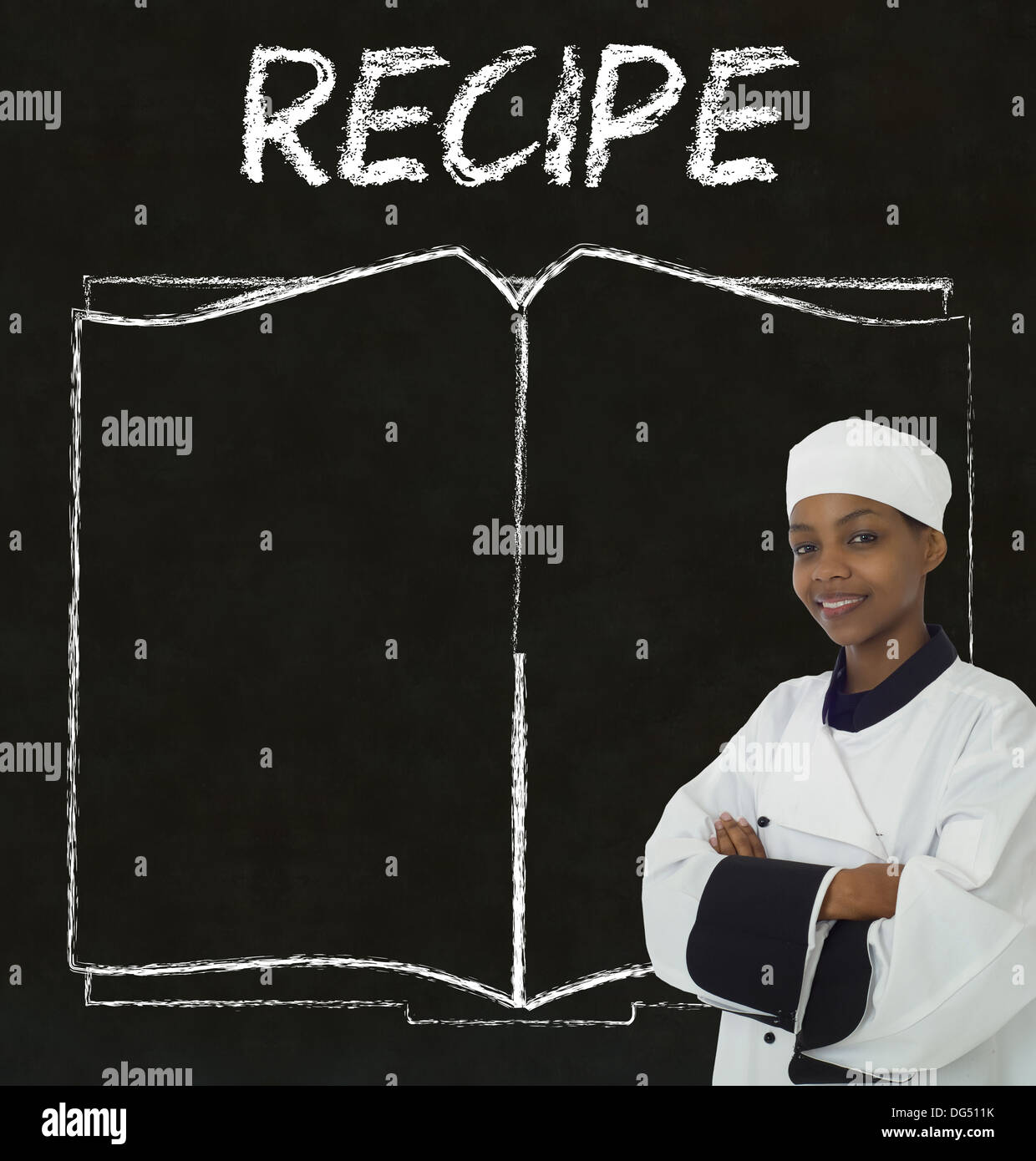 Chef with recipe book on chalk blackboard menu writing background Stock ...