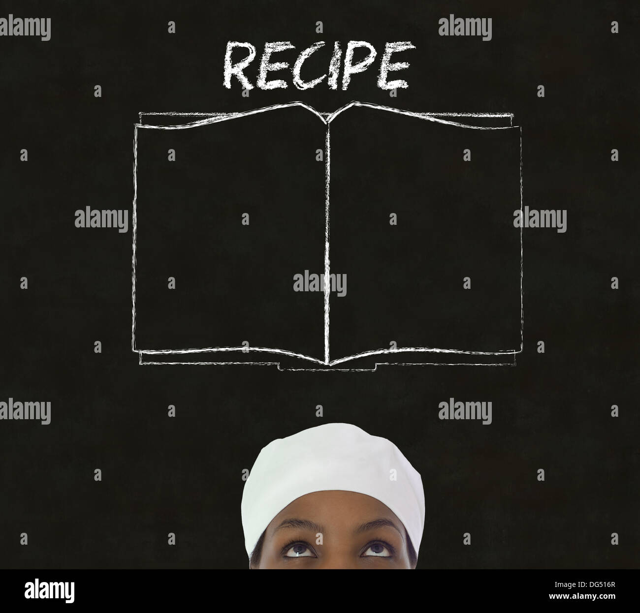 Chef with recipe book on chalk blackboard menu writing background Stock ...