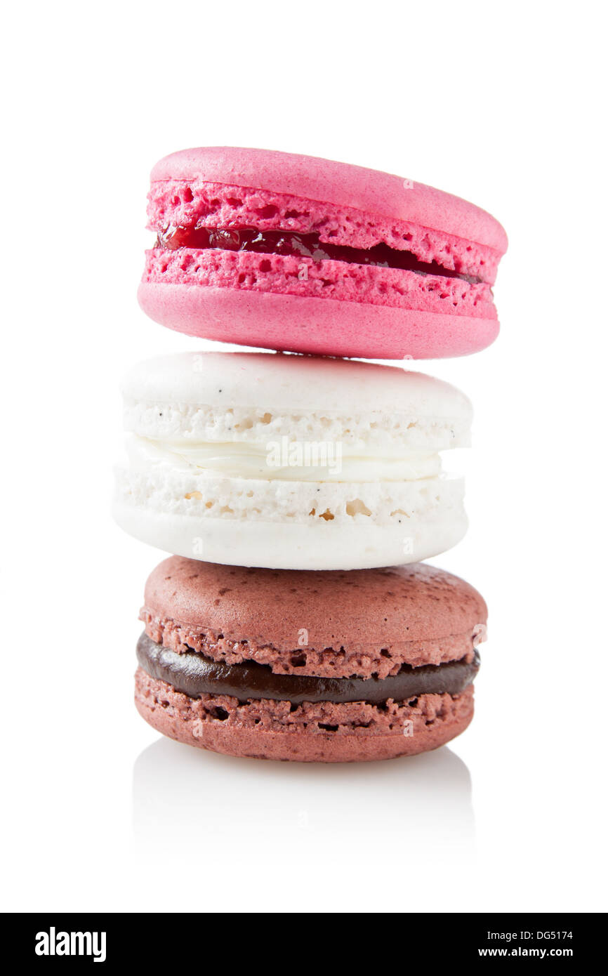 Stack of three macarons with chocolate, vanilla and raspberry Stock ...