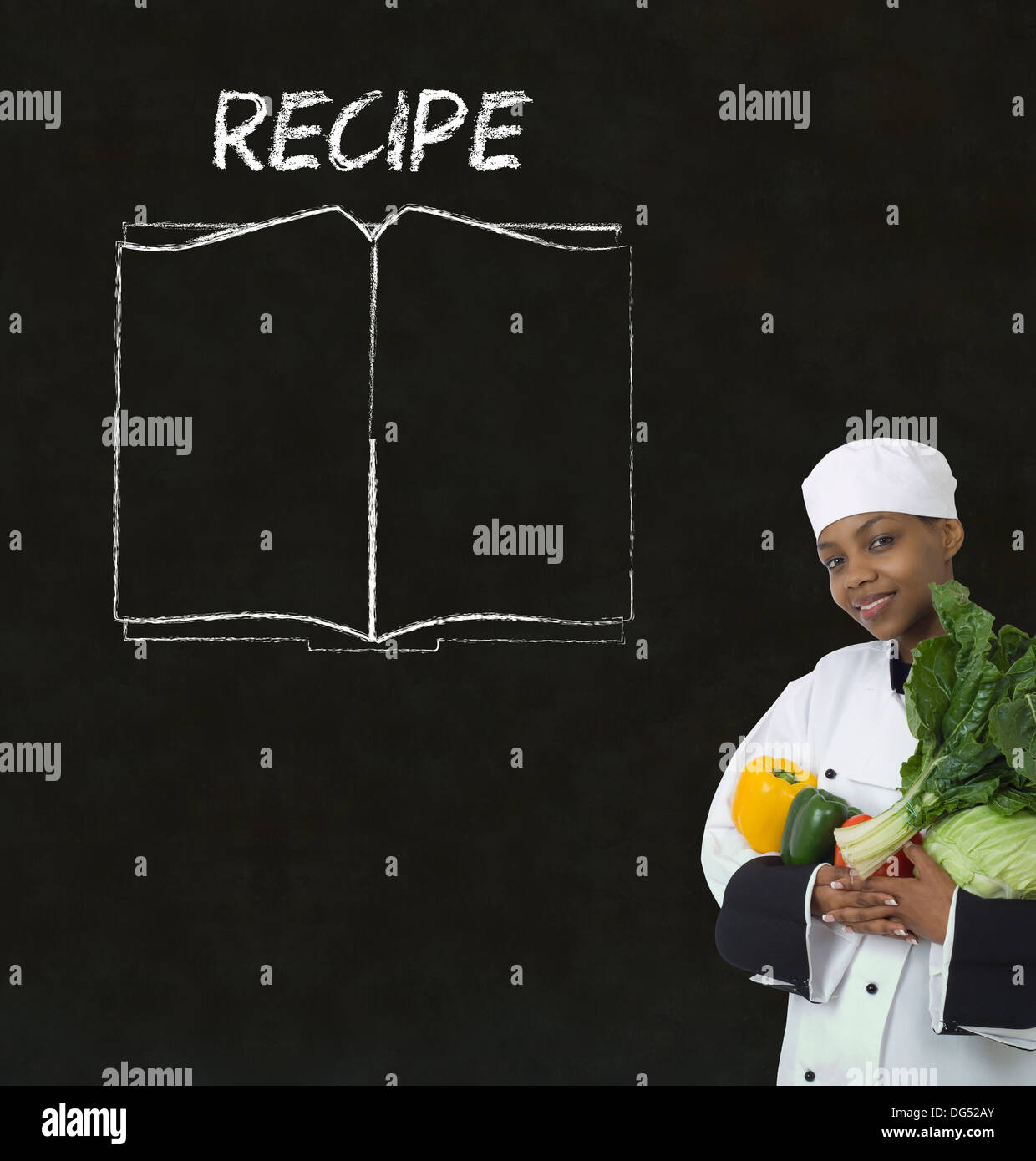 Chef with recipe book on chalk blackboard menu writing background Stock ...