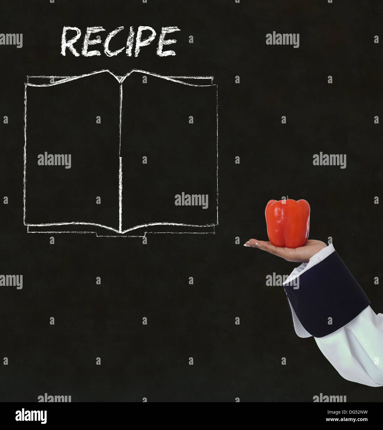 Chef with recipe book on chalk blackboard menu writing background Stock ...