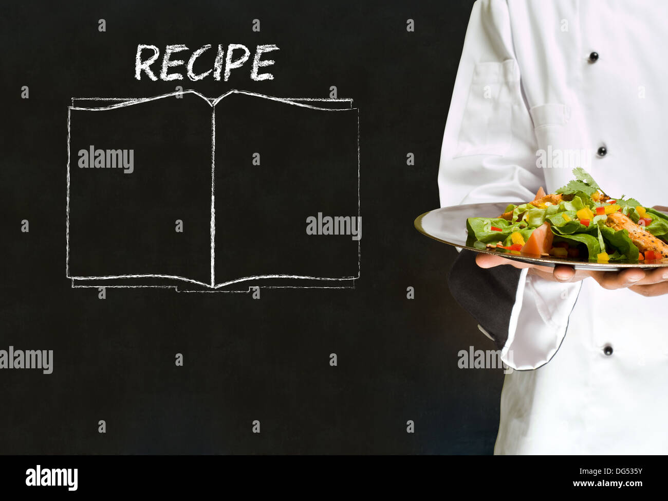 Chef with recipe book on chalk blackboard menu writing background Stock ...