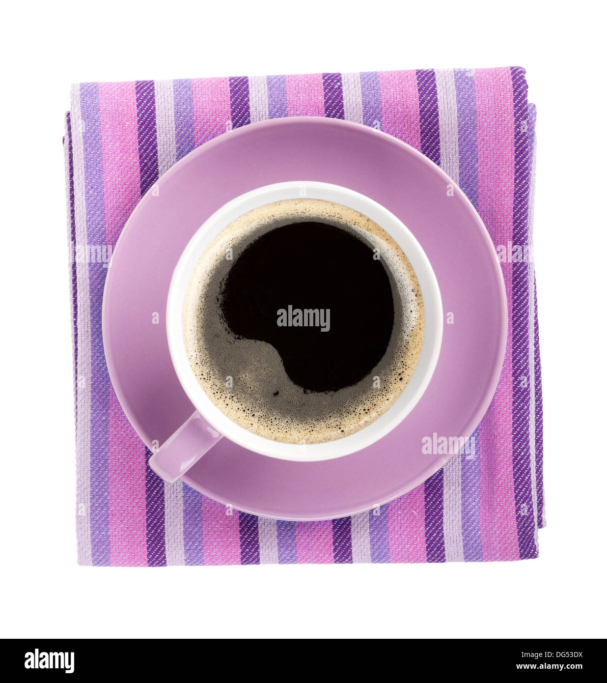 Purple coffee cup over kitchen towel. View from above. Isolated on ...