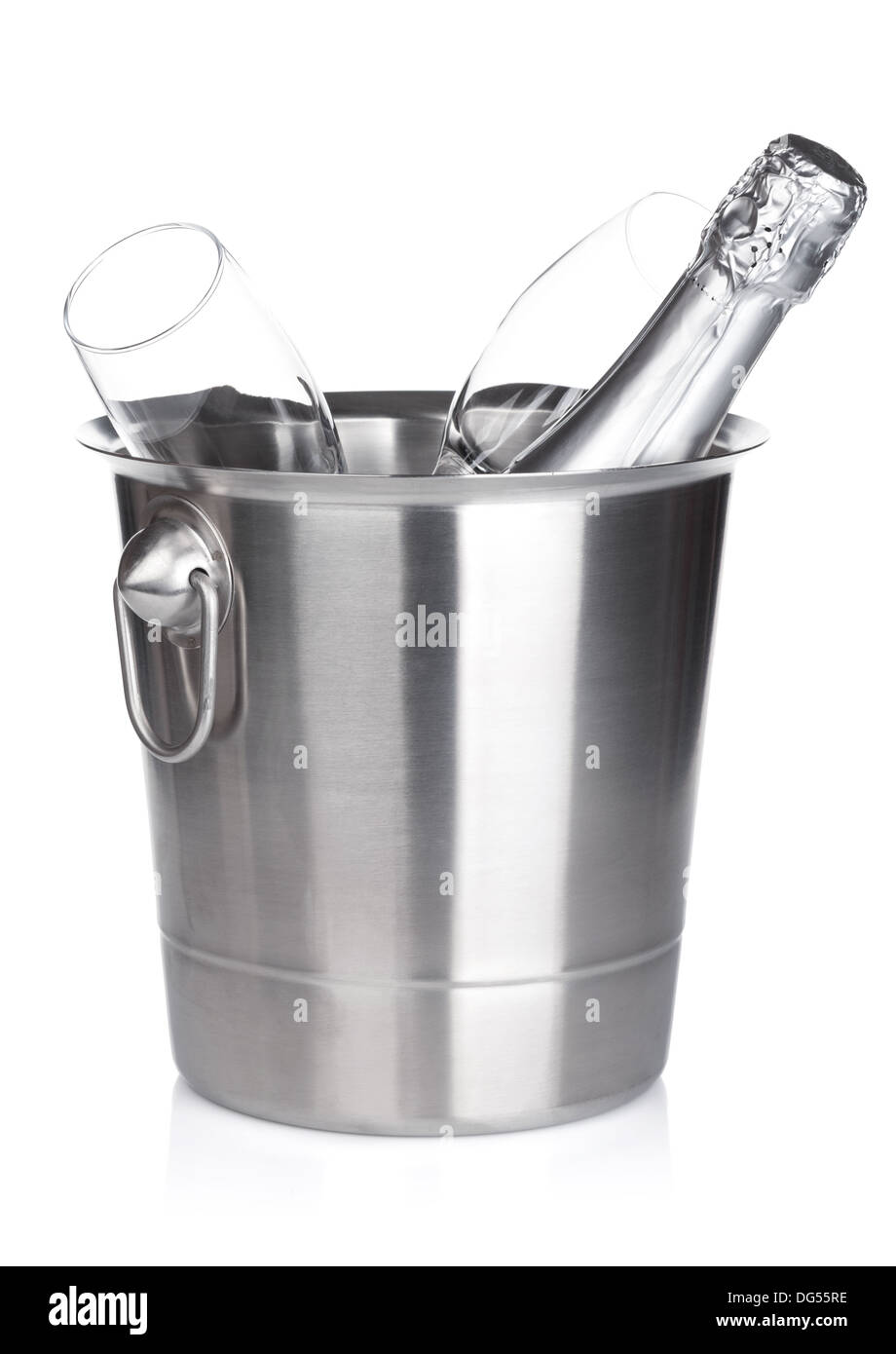 Champagne bottle in bucket and empty glasses. Isolated on white ...