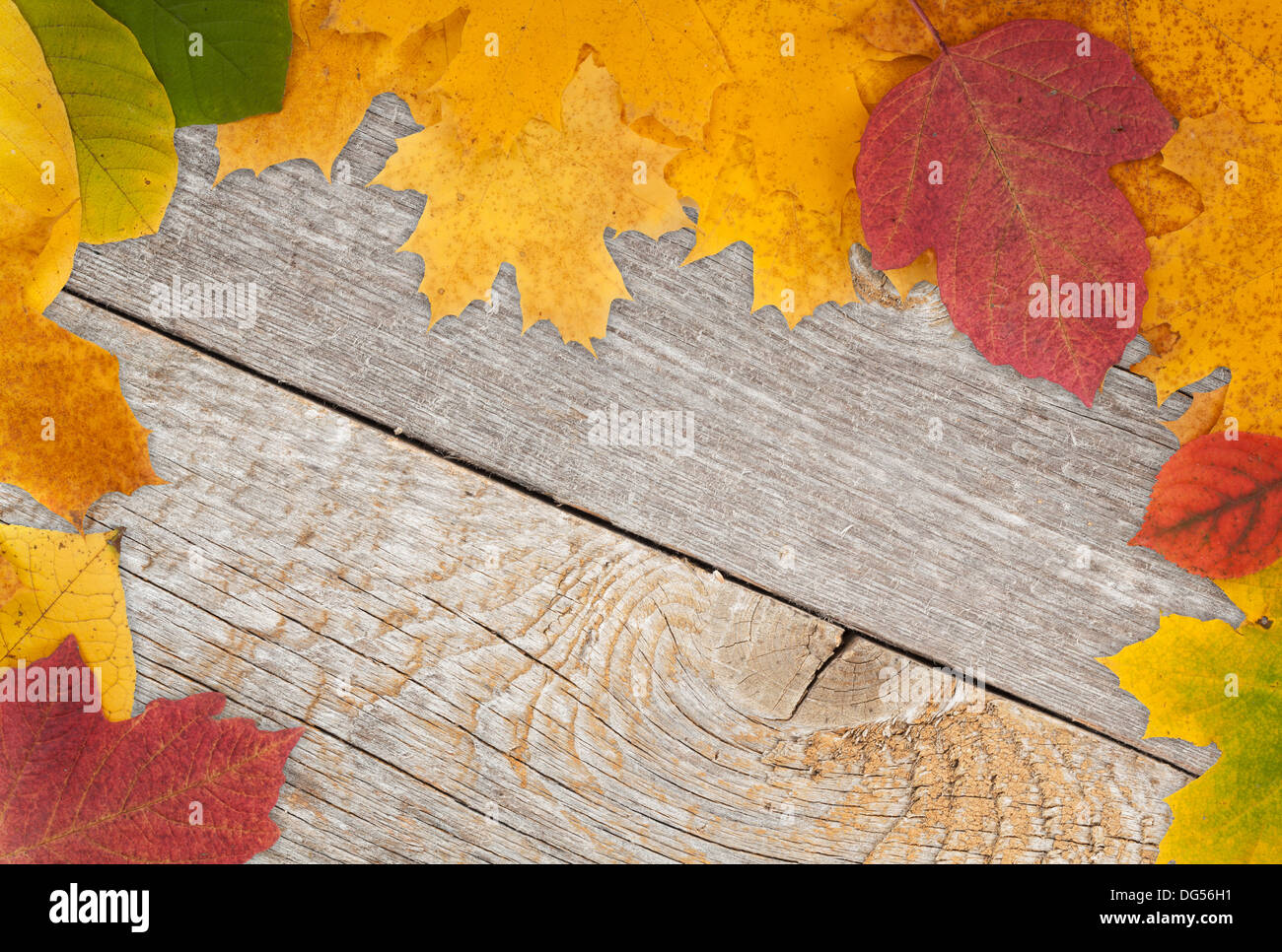 Autumn leaves on wood texture background Stock Photo - Alamy