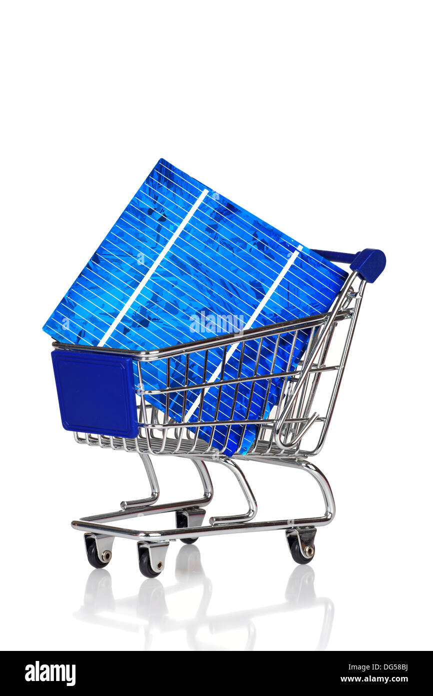 A solar cell is in a shopping cart isolated on white background Stock ...
