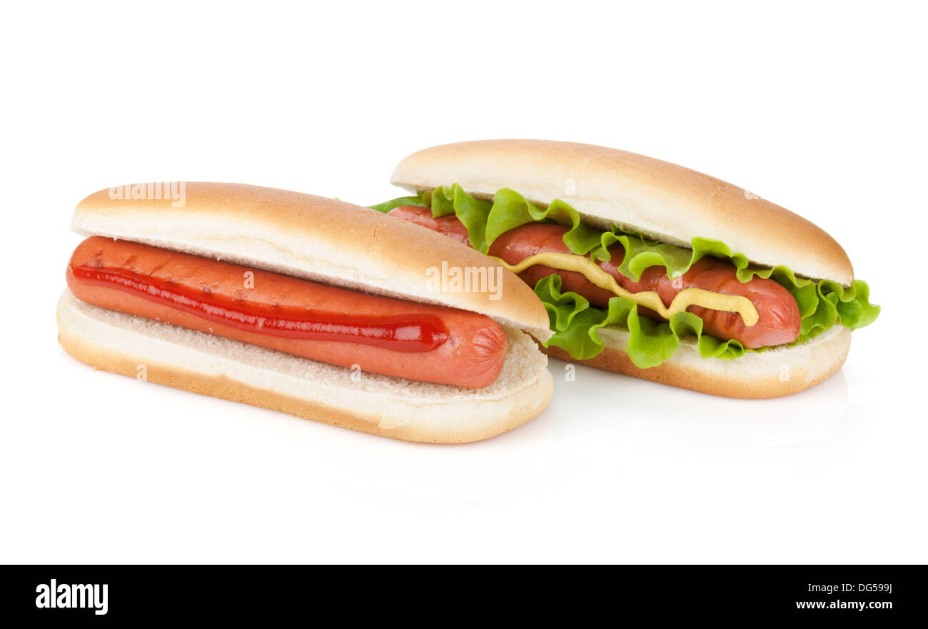 Two hot dogs with various ingredients. Isolated on white background ...