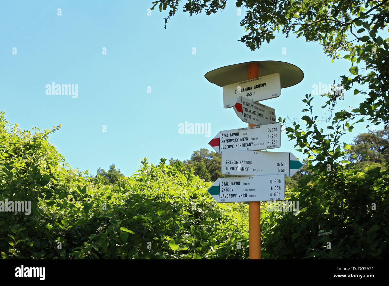 Tourist signpost at the crossroads of trails on the castle Hrusov ...