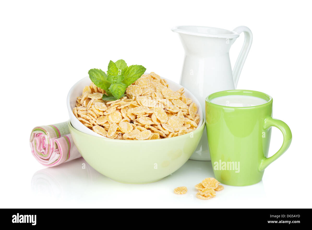 Fresh corn flakes with milk. Isolated on white background Stock Photo ...