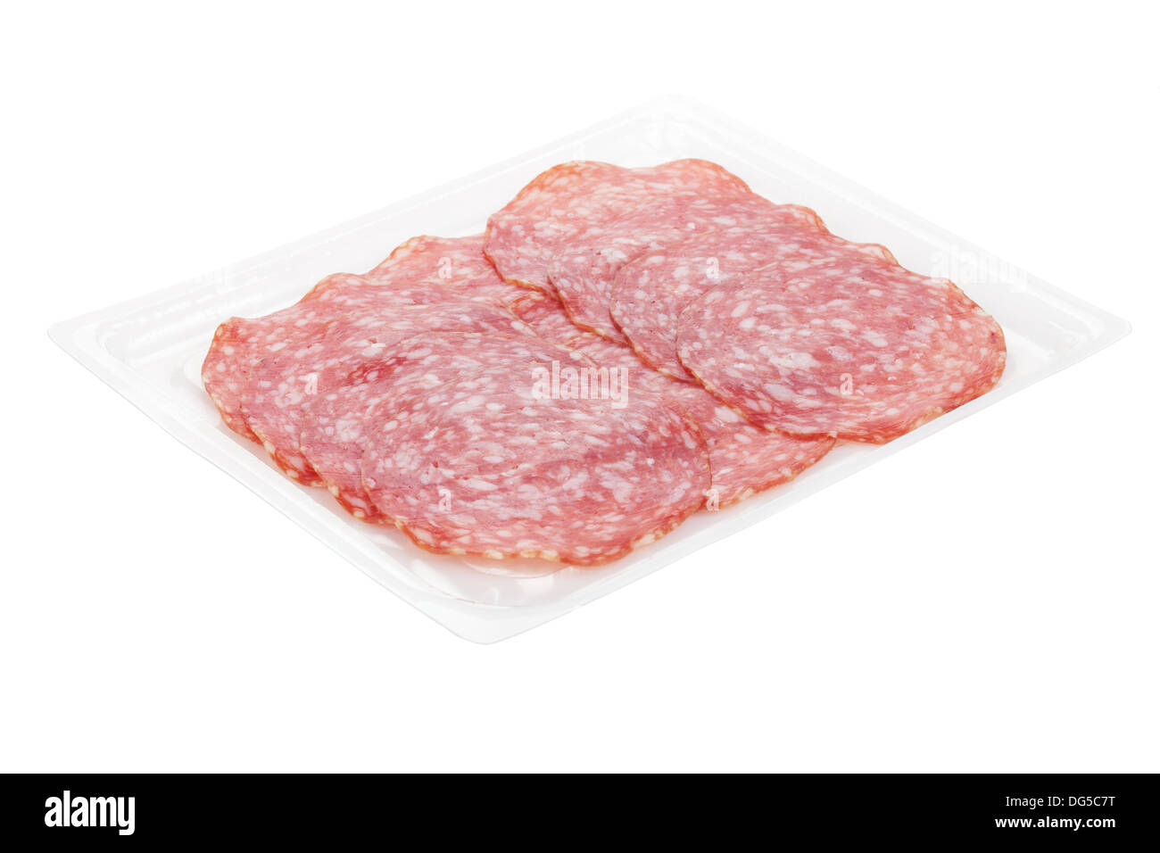 Sliced salami packaging. Isolated on white background Stock Photo - Alamy