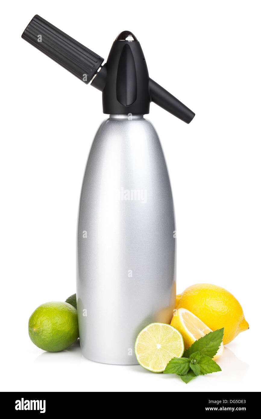 Soda siphon and citruses for home lemonade. Isolated on white ...